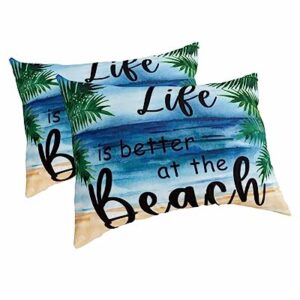 Life is Better at The Beach Pillow Covers Standard Size Set of 2 Bed Pillow, Summer Blue Ocean Tropical Plants Plush Soft Comfort for Hair/ Skin Cooling Pillowcases with Envelop Closure 20''x26''