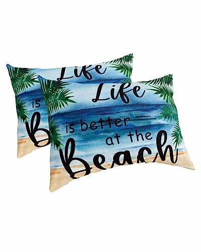 Life is Better at The Beach Pillow Covers Standard Size Set of 2 Bed Pillow, Summer Blue Ocean Tropical Plants Plush Soft Comfort for Hair/ Skin Cooling Pillowcases with Envelop Closure 20''x26''