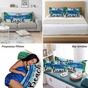 Life is Better at The Beach Pillow Covers Standard Size Set of 2 Bed Pillow, Summer Blue Ocean Tropical Plants Plush Soft Comfort for Hair/ Skin Cooling Pillowcases with Envelop Closure 20''x26''