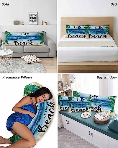 Life is Better at The Beach Pillow Covers Standard Size Set of 2 Bed Pillow, Summer Blue Ocean Tropical Plants Plush Soft Comfort for Hair/ Skin Cooling Pillowcases with Envelop Closure 20''x26''