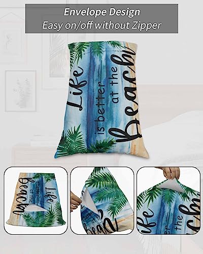 Life is Better at The Beach Pillow Covers Standard Size Set of 2 Bed Pillow, Summer Blue Ocean Tropical Plants Plush Soft Comfort for Hair/ Skin Cooling Pillowcases with Envelop Closure 20''x26''