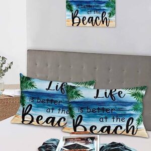 Life is Better at The Beach Pillow Covers Standard Size Set of 2 Bed Pillow, Summer Blue Ocean Tropical Plants Plush Soft Comfort for Hair/ Skin Cooling Pillowcases with Envelop Closure 20''x26''