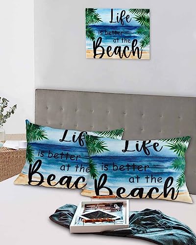 Life is Better at The Beach Pillow Covers Standard Size Set of 2 Bed Pillow, Summer Blue Ocean Tropical Plants Plush Soft Comfort for Hair/ Skin Cooling Pillowcases with Envelop Closure 20''x26''