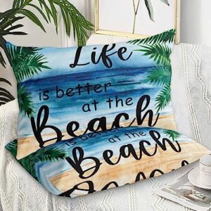 Life is Better at The Beach Pillow Covers Standard Size Set of 2 Bed Pillow, Summer Blue Ocean Tropical Plants Plush Soft Comfort for Hair/ Skin Cooling Pillowcases with Envelop Closure 20''x26''