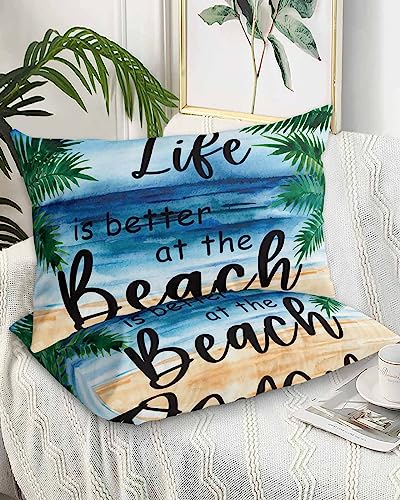 Life is Better at The Beach Pillow Covers Standard Size Set of 2 Bed Pillow, Summer Blue Ocean Tropical Plants Plush Soft Comfort for Hair/ Skin Cooling Pillowcases with Envelop Closure 20''x26''