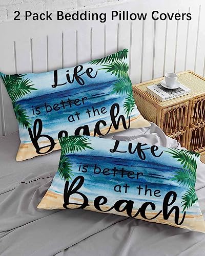 Life is Better at The Beach Pillow Covers Standard Size Set of 2 Bed Pillow, Summer Blue Ocean Tropical Plants Plush Soft Comfort for Hair/ Skin Cooling Pillowcases with Envelop Closure 20''x26''