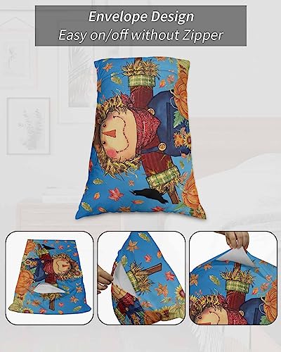 Edwiinsa Fall Scarecrow Pillow Covers King Standard Set of 2 Bed Pillow, Autumn Pumpkin Maple Leaves Blue Plush Soft Comfort for Hair/Skin Cooling Pillowcases with Envelop Closure 20''x36''