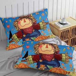 Edwiinsa Fall Scarecrow Pillow Covers King Standard Set of 2 Bed Pillow, Autumn Pumpkin Maple Leaves Blue Plush Soft Comfort for Hair/Skin Cooling Pillowcases with Envelop Closure 20''x36''