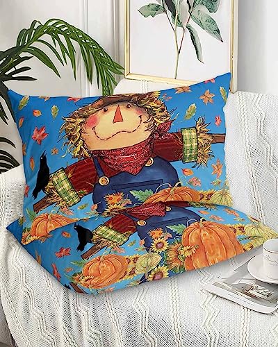 Edwiinsa Fall Scarecrow Pillow Covers King Standard Set of 2 Bed Pillow, Autumn Pumpkin Maple Leaves Blue Plush Soft Comfort for Hair/Skin Cooling Pillowcases with Envelop Closure 20''x36''