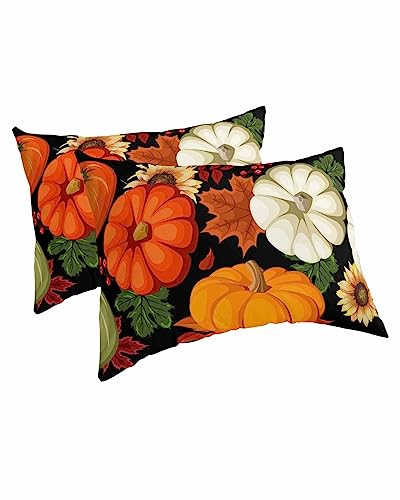 Edwiinsa Thanksgiving Pillow Covers King Standard Set of 2 Bed Pillow, Farmhouse Black Pumpkin Maple Leaves Plush Soft Comfort for Hair/Skin Cooling Pillowcases with Envelop Closure 20''x36''