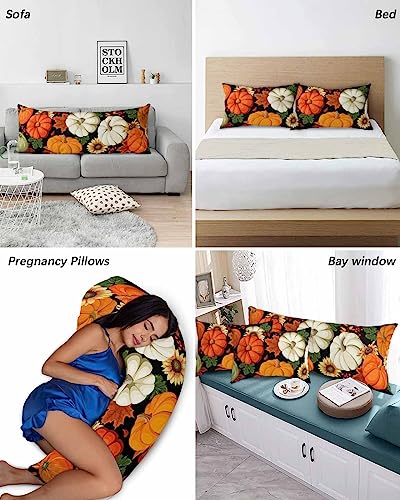 Edwiinsa Thanksgiving Pillow Covers King Standard Set of 2 Bed Pillow, Farmhouse Black Pumpkin Maple Leaves Plush Soft Comfort for Hair/Skin Cooling Pillowcases with Envelop Closure 20''x36''