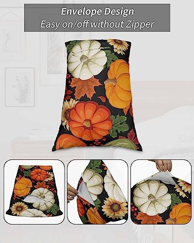 Edwiinsa Thanksgiving Pillow Covers King Standard Set of 2 Bed Pillow, Farmhouse Black Pumpkin Maple Leaves Plush Soft Comfort for Hair/Skin Cooling Pillowcases with Envelop Closure 20''x36''