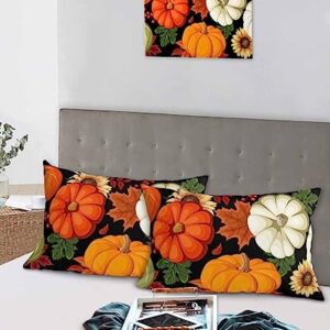 Edwiinsa Thanksgiving Pillow Covers King Standard Set of 2 Bed Pillow, Farmhouse Black Pumpkin Maple Leaves Plush Soft Comfort for Hair/Skin Cooling Pillowcases with Envelop Closure 20''x36''