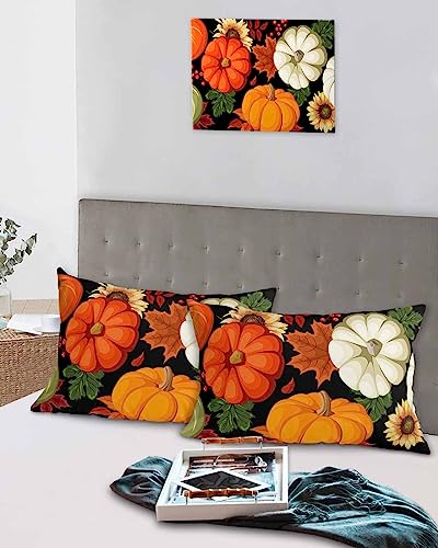 Edwiinsa Thanksgiving Pillow Covers King Standard Set of 2 Bed Pillow, Farmhouse Black Pumpkin Maple Leaves Plush Soft Comfort for Hair/Skin Cooling Pillowcases with Envelop Closure 20''x36''