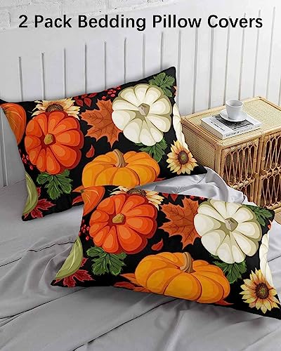 Edwiinsa Thanksgiving Pillow Covers King Standard Set of 2 Bed Pillow, Farmhouse Black Pumpkin Maple Leaves Plush Soft Comfort for Hair/Skin Cooling Pillowcases with Envelop Closure 20''x36''