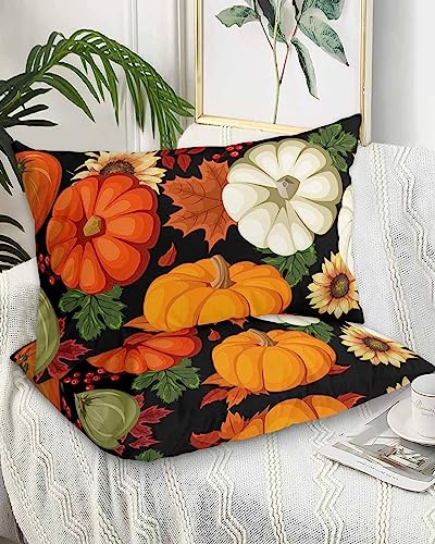 Edwiinsa Thanksgiving Pillow Covers King Standard Set of 2 Bed Pillow, Farmhouse Black Pumpkin Maple Leaves Plush Soft Comfort for Hair/Skin Cooling Pillowcases with Envelop Closure 20''x36''