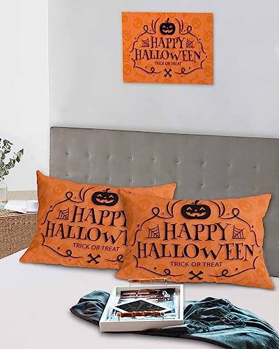 Edwiinsa Halloween Pillow Covers King Standard Set of 2 Bed Pillow, Trick or Treat Fall Pumpkin Orange Plush Soft Comfort for Hair/Skin Cooling Pillowcases with Envelop Closure 20''x36''