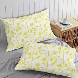 Edwiinsa Yellow Floral Pillow Covers Standard Size Set of 2 Bed Pillow, Botanical Modern Abstract Art Aesthetics Plush Soft Comfort for Hair/Skin Cooling Pillowcases with Envelop Closure 20''x26''