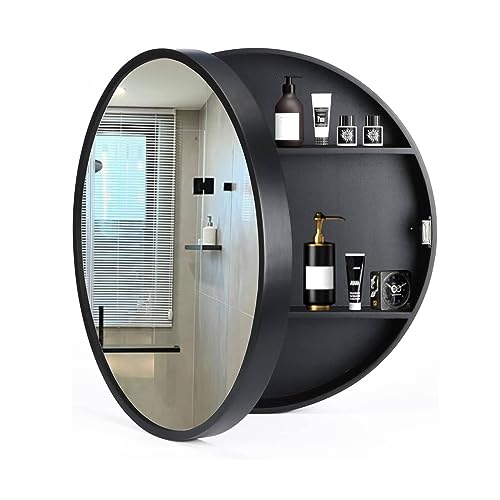 CHER-BUEATY Medicine Cabinet Bathroom Space Saver Storage Round Cabinets with Mirror Surface Wall Mounted Solid Wood (19.7 in X 19.7 in, Black)