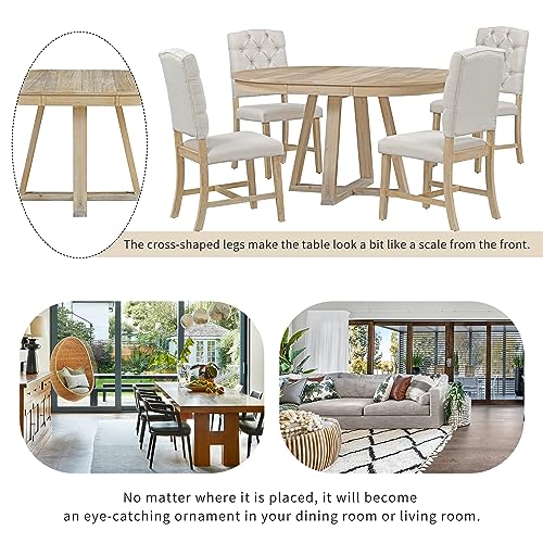 Merax, Natural 5-Piece Retro Functional Set,Round Table with a 16" W Leaf and 4 Upholstered Chairs for Dining Room