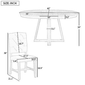 Merax, Natural 5-Piece Retro Functional Set,Round Table with a 16" W Leaf and 4 Upholstered Chairs for Dining Room