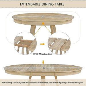 Merax, Natural 5-Piece Retro Functional Set,Round Table with a 16" W Leaf and 4 Upholstered Chairs for Dining Room