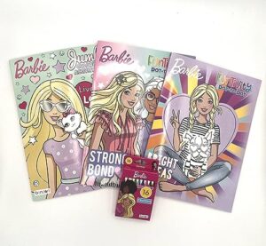 barbie coloring book funtivity dot-to-dot activity set for kids, toddlers - set of 3 books bright ideas, strong bond, love and 16pk barbie crayons