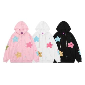 Maemukilabe Womens Y2K Zip Up Hoodies Jackets Star Graphic Print Long Sleeve Oversized Hooded Sweatshirt Outwear Pink