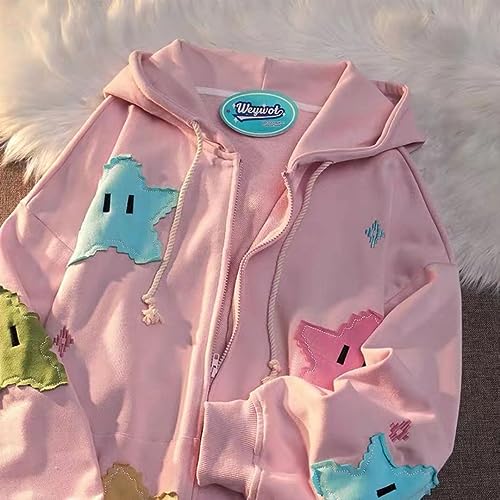 Maemukilabe Womens Y2K Zip Up Hoodies Jackets Star Graphic Print Long Sleeve Oversized Hooded Sweatshirt Outwear Pink