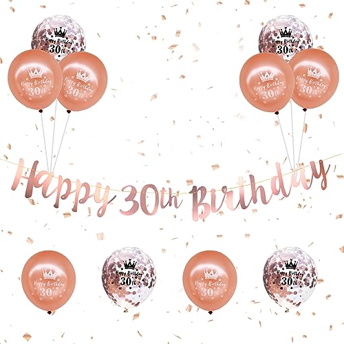 Happy 30th Birthday Banner 12 PCS, Rose Gold 30th Birthday Banner Bunting with 12 Inch Rosegold Happy 30th Birthday Confetti Helium Latex Balloons for Women 30th Birthday Party Decorations Supplies