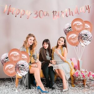 Happy 30th Birthday Banner 12 PCS, Rose Gold 30th Birthday Banner Bunting with 12 Inch Rosegold Happy 30th Birthday Confetti Helium Latex Balloons for Women 30th Birthday Party Decorations Supplies