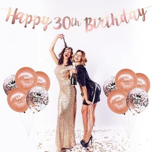 Happy 30th Birthday Banner 12 PCS, Rose Gold 30th Birthday Banner Bunting with 12 Inch Rosegold Happy 30th Birthday Confetti Helium Latex Balloons for Women 30th Birthday Party Decorations Supplies