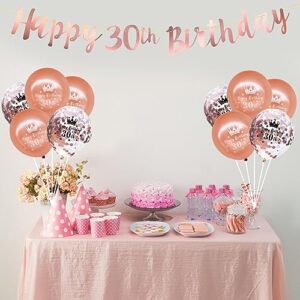 Happy 30th Birthday Banner 12 PCS, Rose Gold 30th Birthday Banner Bunting with 12 Inch Rosegold Happy 30th Birthday Confetti Helium Latex Balloons for Women 30th Birthday Party Decorations Supplies