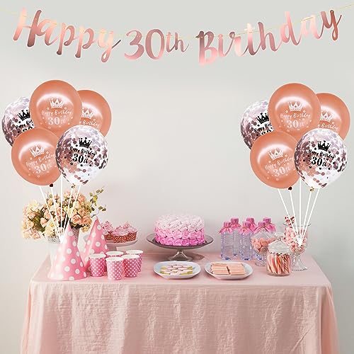 Happy 30th Birthday Banner 12 PCS, Rose Gold 30th Birthday Banner Bunting with 12 Inch Rosegold Happy 30th Birthday Confetti Helium Latex Balloons for Women 30th Birthday Party Decorations Supplies