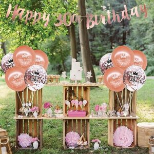 Happy 30th Birthday Banner 12 PCS, Rose Gold 30th Birthday Banner Bunting with 12 Inch Rosegold Happy 30th Birthday Confetti Helium Latex Balloons for Women 30th Birthday Party Decorations Supplies