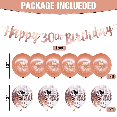 Happy 30th Birthday Banner 12 PCS, Rose Gold 30th Birthday Banner Bunting with 12 Inch Rosegold Happy 30th Birthday Confetti Helium Latex Balloons for Women 30th Birthday Party Decorations Supplies