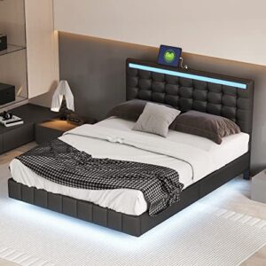 queen size floating bed frame with led lights and usb charging, modern upholstered platform led bed frame no box spring needed, easy assembly (black)