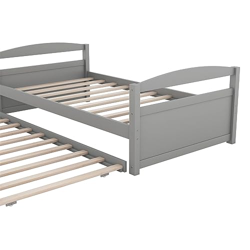 LLS Twin Size Daybed with Trundle, Solid Wood Daybed Frame with Headboard and Footboard, Space Saving Platform Bed Sofa Bed with Sturdy Slats Support, No Box Spring Needed, Gray