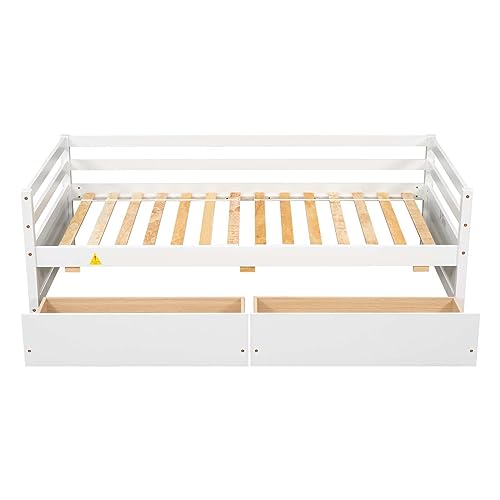 Twin Size Wooden Daybed Frame with 2 Storage Drawers, Multifunctional  Sofa Bed with Wood Slat Support for Living Room Boys Girls Adults, No Spring Box Needed, Space Saving (White)