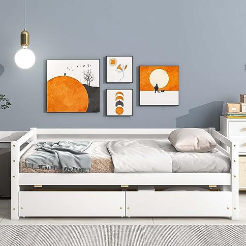 Twin Size Wooden Daybed Frame with 2 Storage Drawers, Multifunctional  Sofa Bed with Wood Slat Support for Living Room Boys Girls Adults, No Spring Box Needed, Space Saving (White)