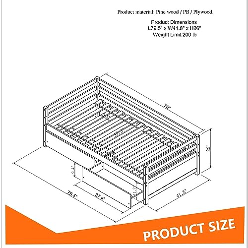 Twin Size Wooden Daybed Frame with 2 Storage Drawers, Multifunctional  Sofa Bed with Wood Slat Support for Living Room Boys Girls Adults, No Spring Box Needed, Space Saving (White)