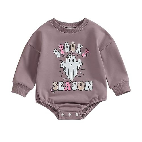 FOCUSNORM Halloween Newborn Baby Girl Outfit Toddler Ghost Pumpkin Sweatshirt Romper Long Sleeve Onesie Infant Fall Clothes (Ghost Purple, 6-12 Months)