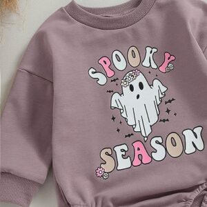 FOCUSNORM Halloween Newborn Baby Girl Outfit Toddler Ghost Pumpkin Sweatshirt Romper Long Sleeve Onesie Infant Fall Clothes (Ghost Purple, 6-12 Months)