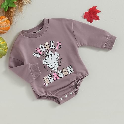 FOCUSNORM Halloween Newborn Baby Girl Outfit Toddler Ghost Pumpkin Sweatshirt Romper Long Sleeve Onesie Infant Fall Clothes (Ghost Purple, 6-12 Months)