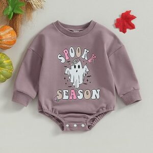 FOCUSNORM Halloween Newborn Baby Girl Outfit Toddler Ghost Pumpkin Sweatshirt Romper Long Sleeve Onesie Infant Fall Clothes (Ghost Purple, 6-12 Months)