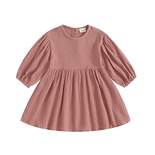 Gaono Toddler Baby Girl Cotton Linen Dress Long Sleeve Solid Color A-Linen Smocked Fall Dress Babyboll Princess Dresses (A-Pink, 3-4 Years)