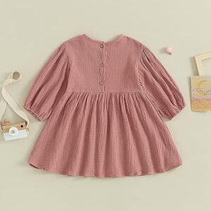 Gaono Toddler Baby Girl Cotton Linen Dress Long Sleeve Solid Color A-Linen Smocked Fall Dress Babyboll Princess Dresses (A-Pink, 3-4 Years)