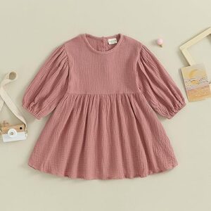 Gaono Toddler Baby Girl Cotton Linen Dress Long Sleeve Solid Color A-Linen Smocked Fall Dress Babyboll Princess Dresses (A-Pink, 3-4 Years)