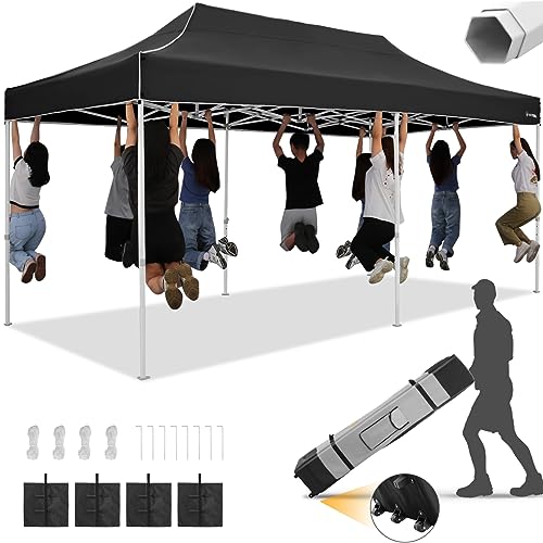 HOTEEL Tents for Parties, 10x20 Pop Up Canopy Tent Heavy Duty, Commercial Outdoor Canopy Tents for Event Wedding, All Season Wind UV 50+&Waterproof Gazebo with Roller Bag, Thickened Legs, Black