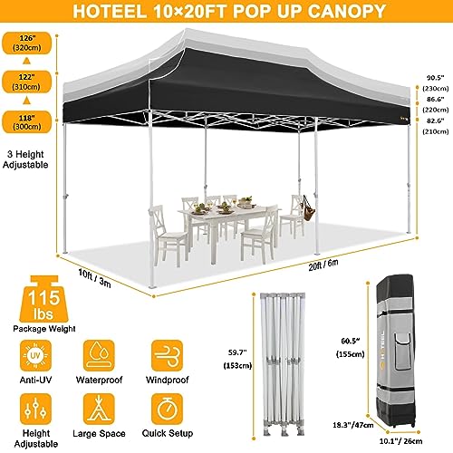 HOTEEL Tents for Parties, 10x20 Pop Up Canopy Tent Heavy Duty, Commercial Outdoor Canopy Tents for Event Wedding, All Season Wind UV 50+&Waterproof Gazebo with Roller Bag, Thickened Legs, Black